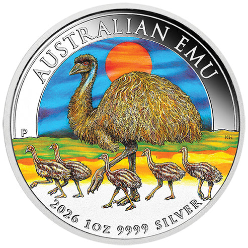 2026 $1 Australian Emu 1oz Silver Coloured Coin – Coin City