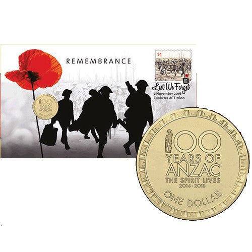 2016 $1 Remembrance Day 100 Years of ANZAC Coin & Stamp Cover PNC ...